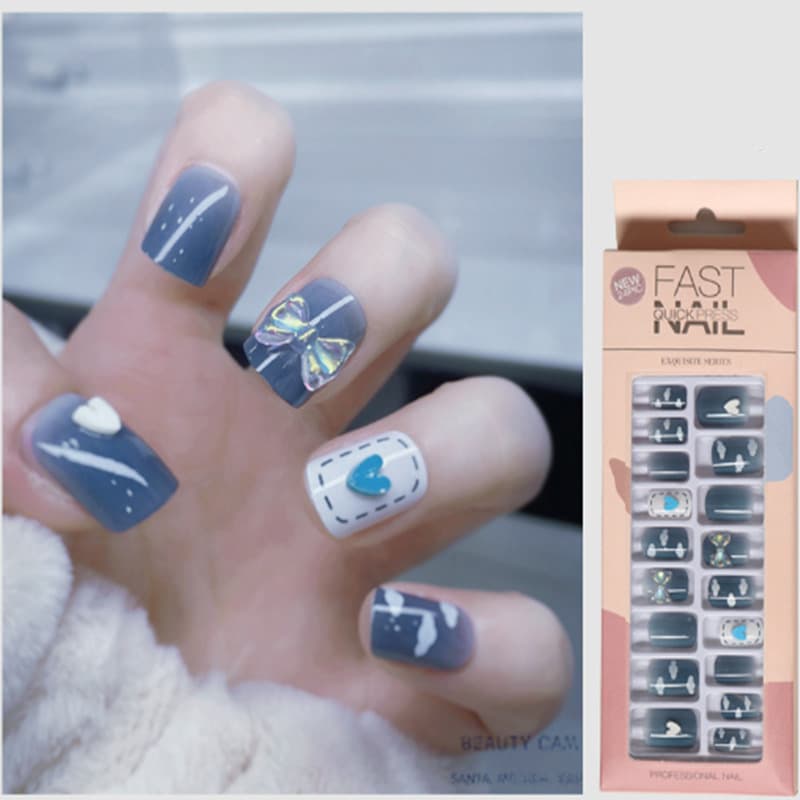 Naturlige franske falske negler Akryl falske neglersett 24-pakning Blå ...