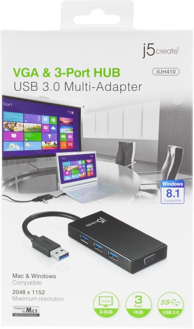 j5 create JUH410, USB 3.0 till VGA-adapter, inbyggd 3-ports hubb, sv ...