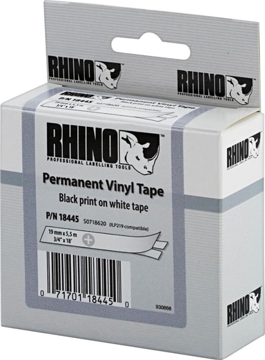 DYMO RhinoPRO merkebånd perm vinyl 19mm, svart på hvit, 5,5m rull - Elkjøp