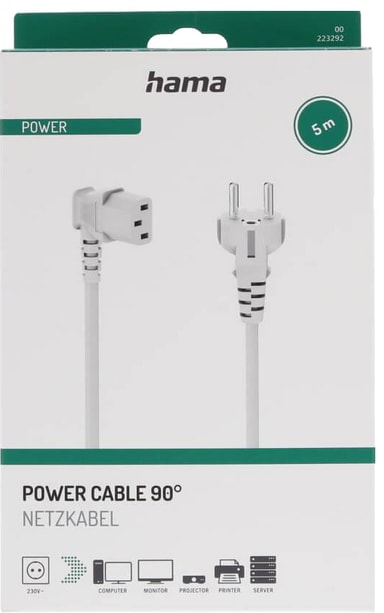 Hama Angled 3-polet 5m strømkabel (hvit) - Elkjøp