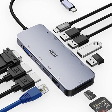 NÖRDIC 1 til 11 USB-C-dokkingstasjon for trippelskjermer 2xHDMI 4K30Hz, 1xVGA Mac M1 M2 PD 100W ...