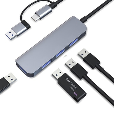 Dobbel USB-C og USB-A Hub med 1 USB3.0-port og 3 USB2.0-porter - Elkjøp