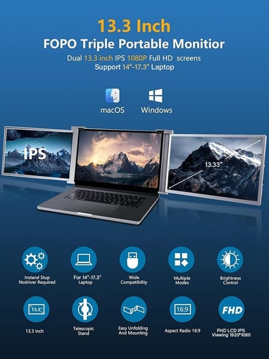 NÖRDIC doble bærbare 13,3""-skjermer med teleskopstativ for bærbar ...