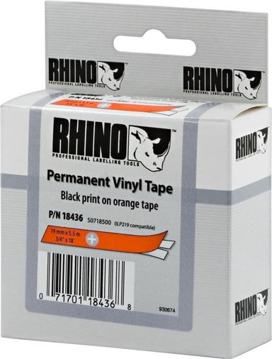 DYMO RhinoPRO märktejp perm vinyl 19mm, svart på orange, 5.5m rulle ...