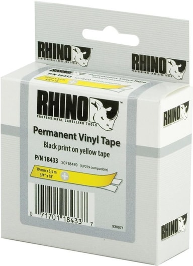 DYMO RhinoPRO märktejp perm vinyl 19mm, svart på gult, 5.5m rulle - Elkjøp