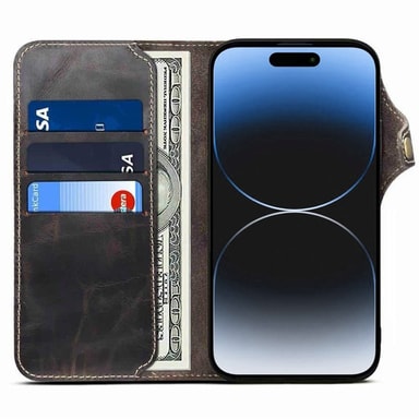 Wallet 3-kort ægte læder Apple iPhone 15 - Sort | Elgiganten | Elgiganten