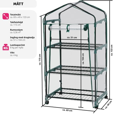 Lite drivhus med 3 hyller 69x49x133cm - transparent - Elkjøp