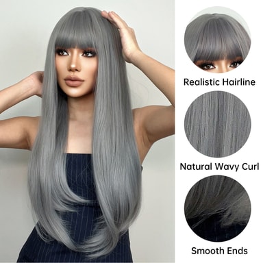 Kvinnor peruk Långa naturliga vågiga peruker med lugg Silvergrå ...